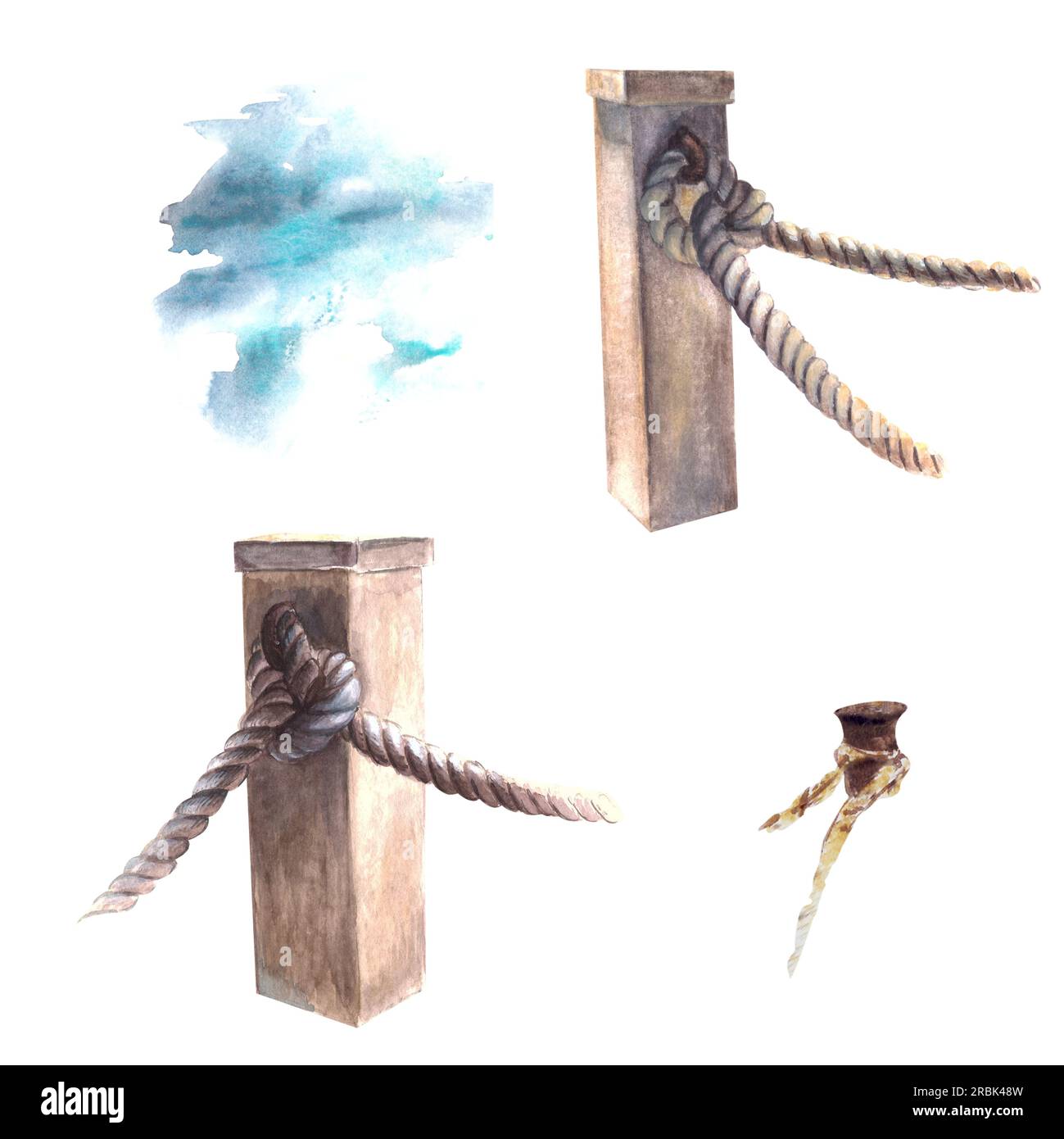 Nautical watercolor illustration set Sea wave, bollards, and ropes ...