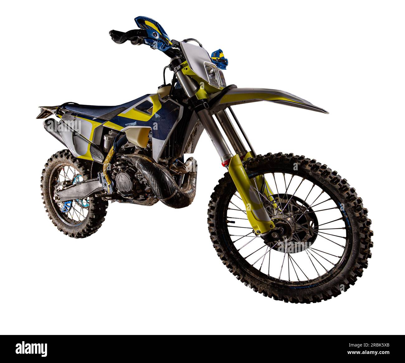 Stylish blue and yellow cross motorcycle on white background Stock ...