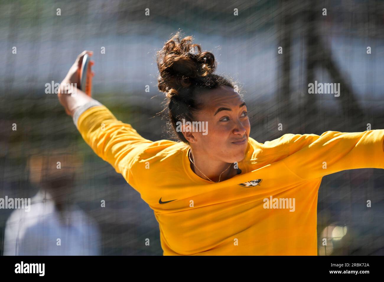 Kaia Harris competes in the women's discus throw during the U.S. track ...