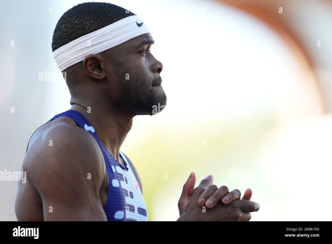 Rai Benjamin waits to start the men's 400 meter hurdles final during the U.S. track and field ...