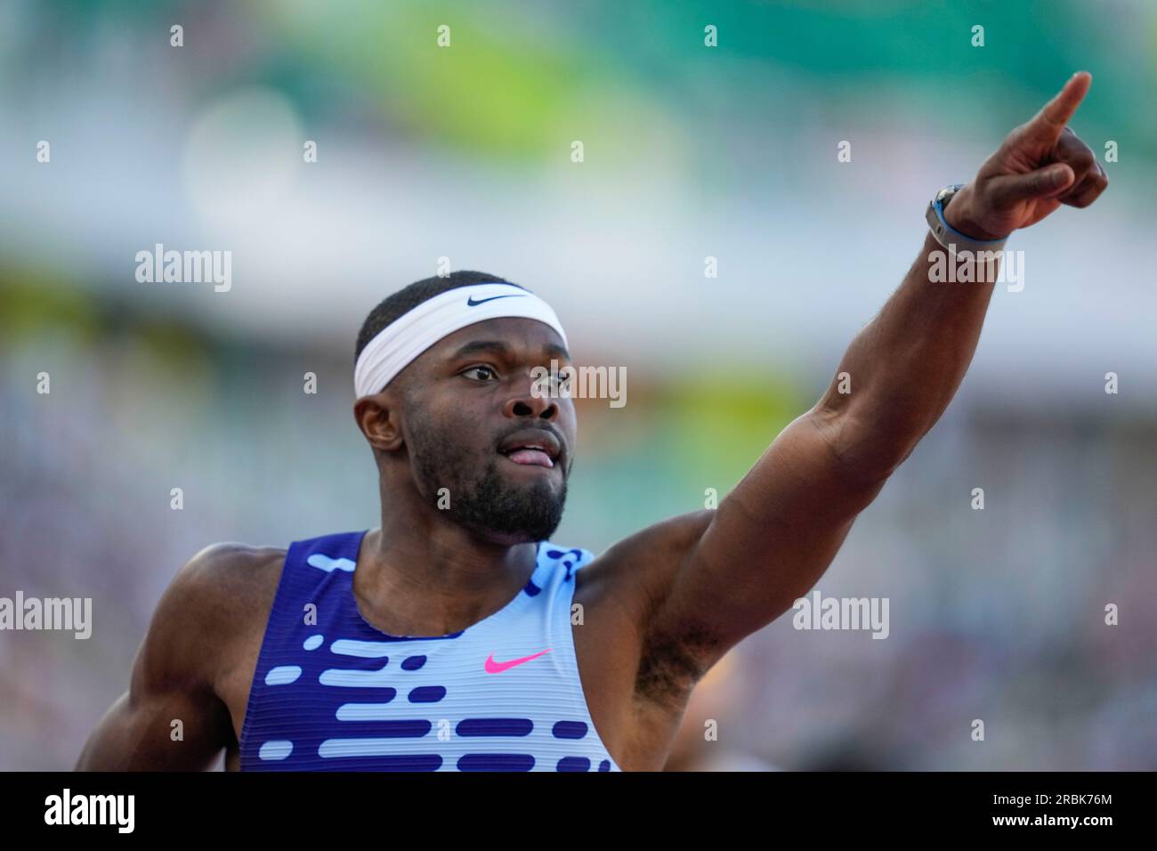 Rai Benjamin reacts after winning the men's 400 meter hurdles final during the U.S. track and ...