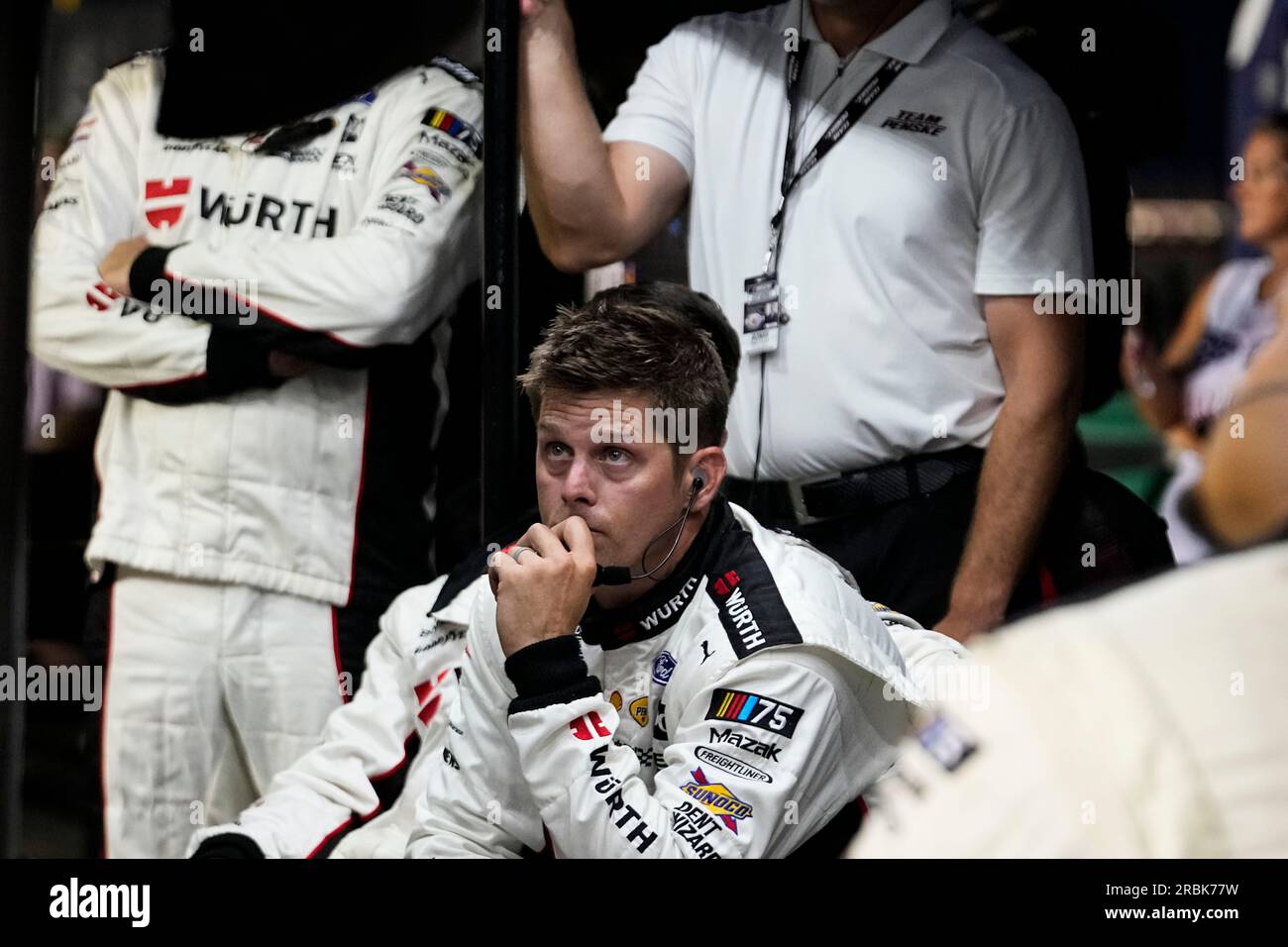 A pit crew member of driver Ryan Blaney watches the race during a NASCAR Cup Series auto race at ...