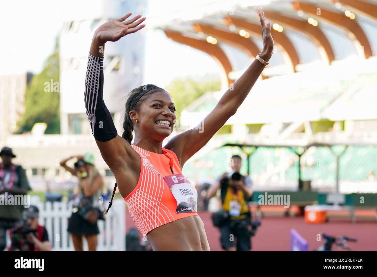 Gabby Thomas reacts after winning the women's 200 meters final during ...