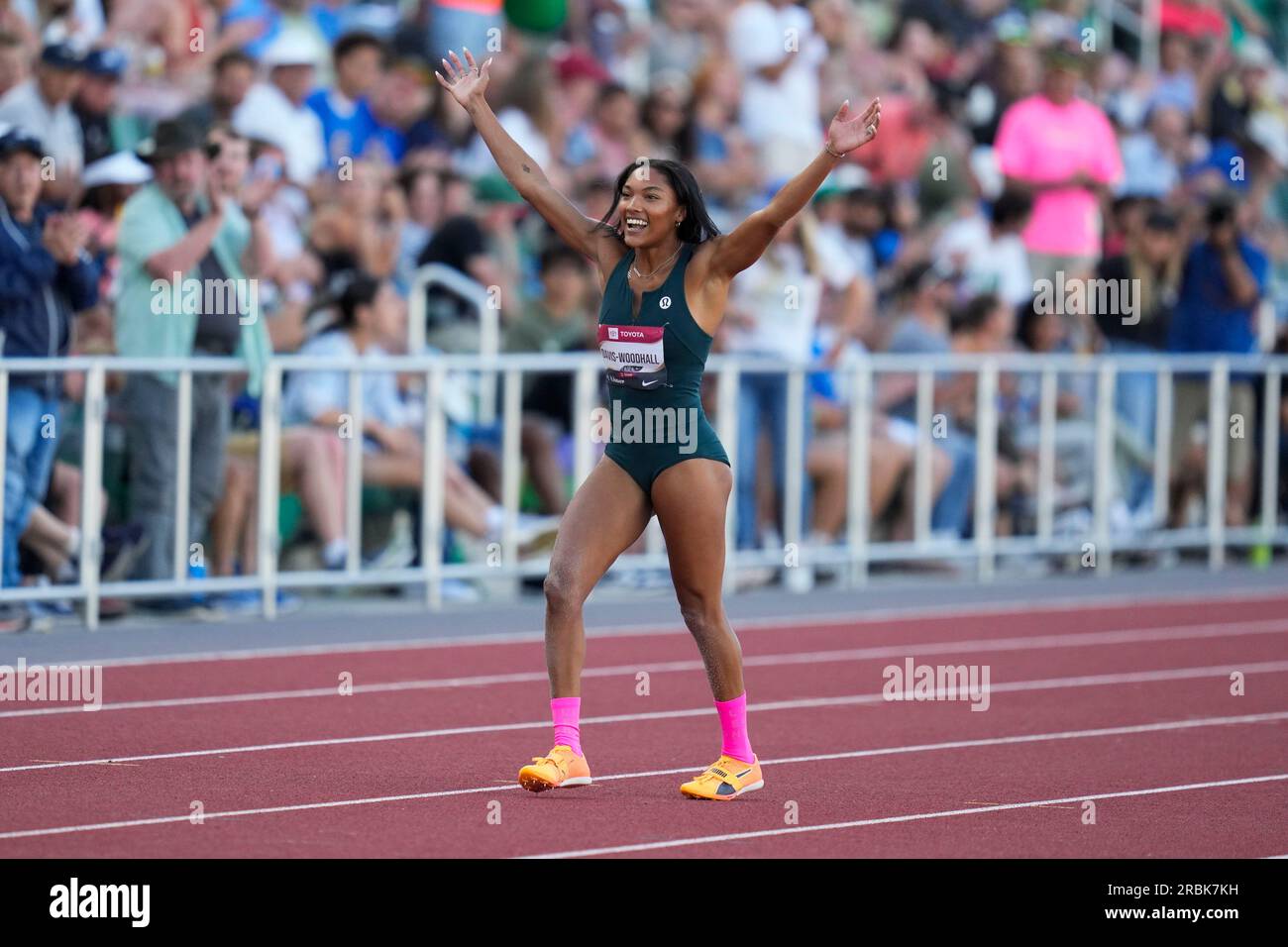 Tara Davis-Woodhall celebrates after winning the women's long jump ...