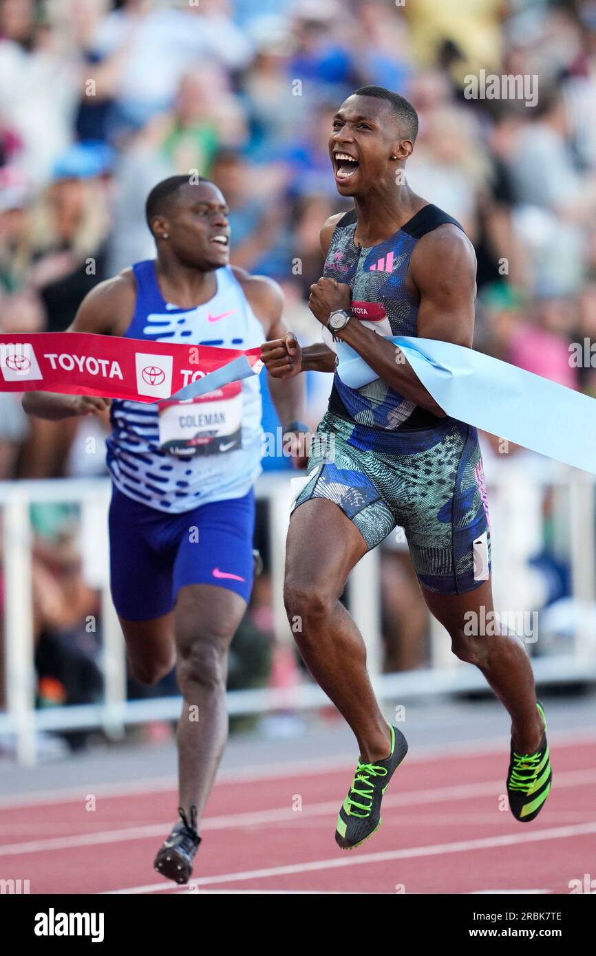 Erriyon Knighton reacts as he crosses the finish line to win the men's ...