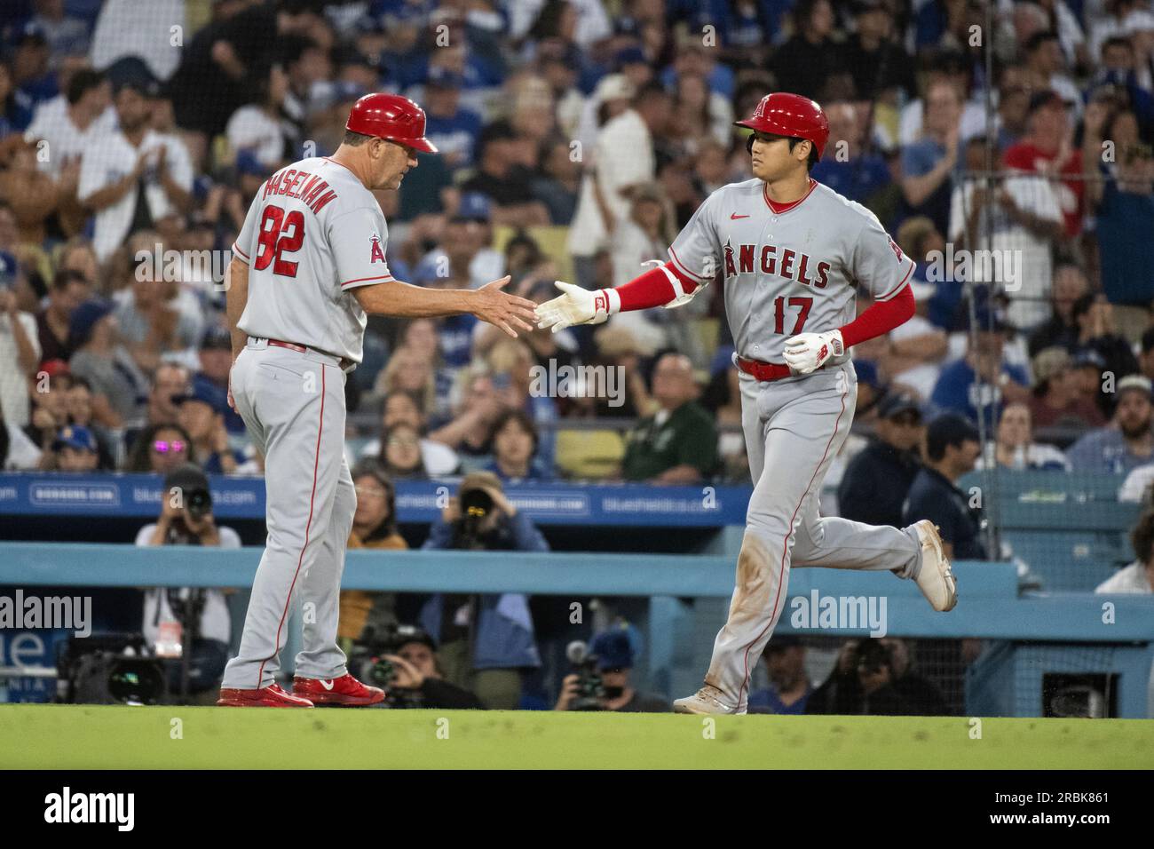 Los Angeles Angels' Shohei Ohtani (17) celebrates his two-run home run ...