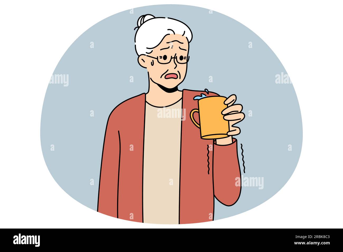 Old grey-haired woman hold cup feel trembling in hands. Unhealthy ...