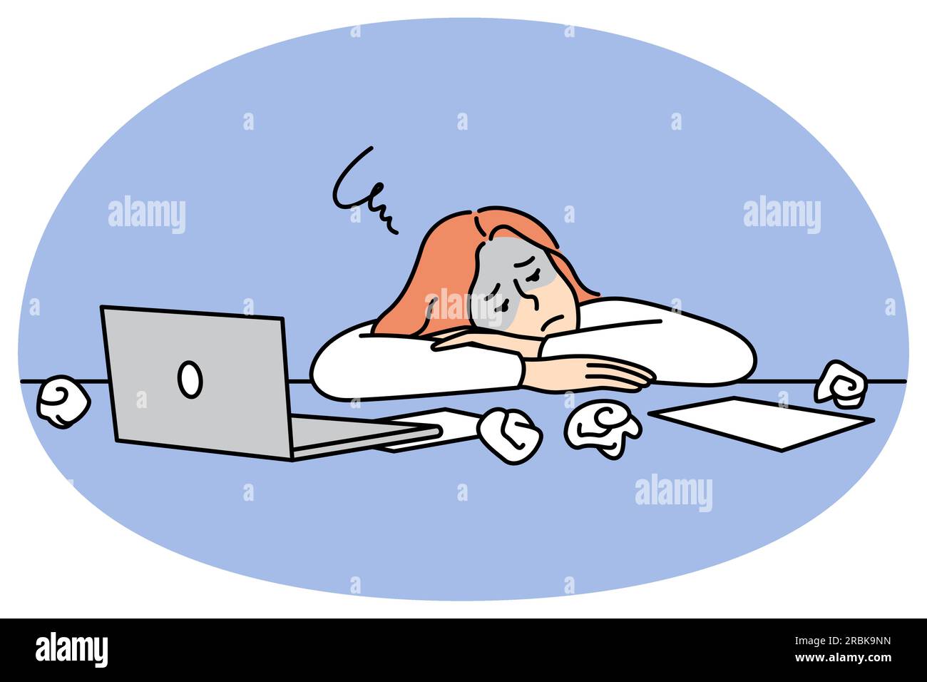 Exhausted woman employee lying on desk feeling overwhelmed with work ...
