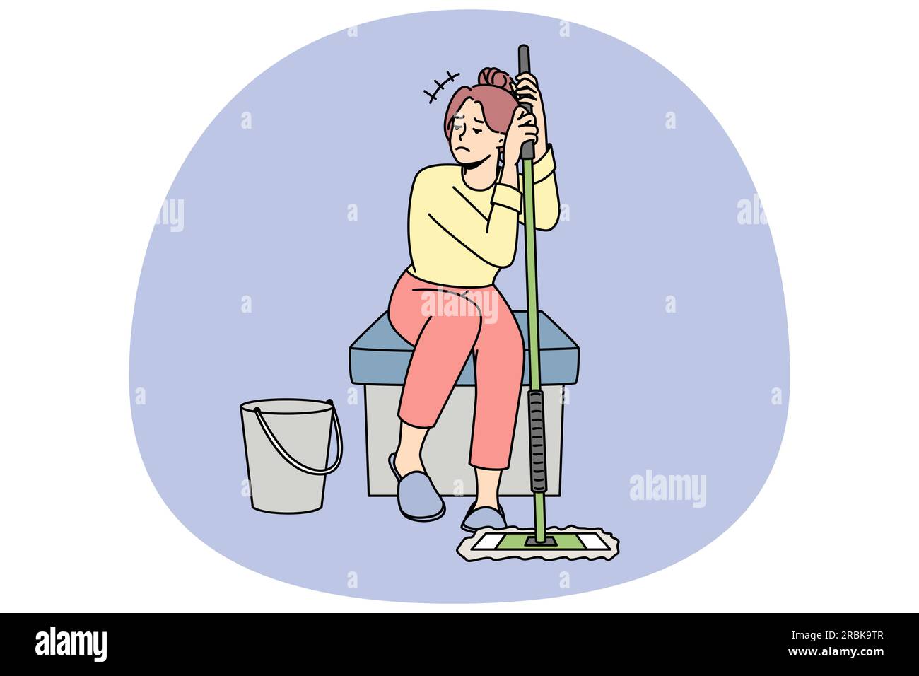 Unhappy housewife sitting with mop after cleaning feel distressed with ...