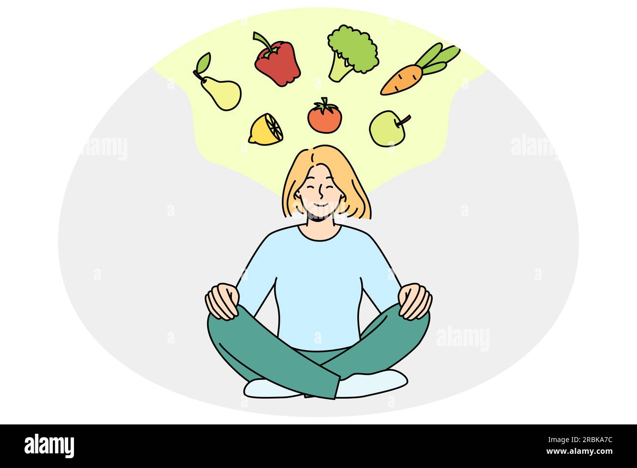 Calm young woman meditating thinking of healthy eating. Happy girl in ...