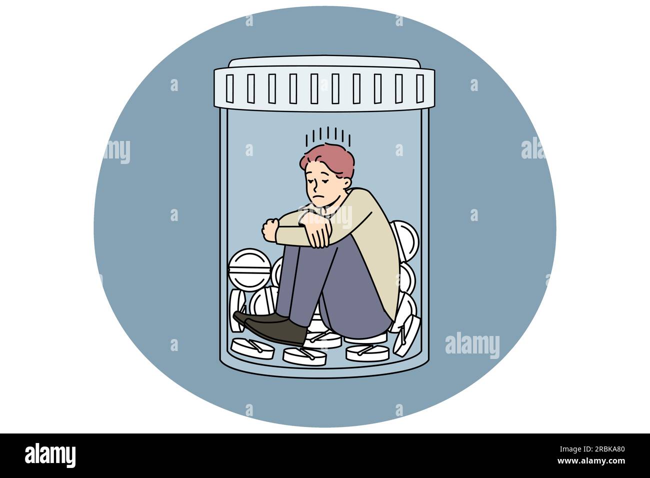 Unhappy man sitting in bottle with medicines suffer from depression or ...