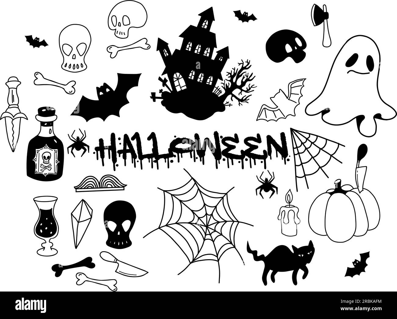 Collection Halloween doodles. Creepy mystical house with bat and cobweb ...