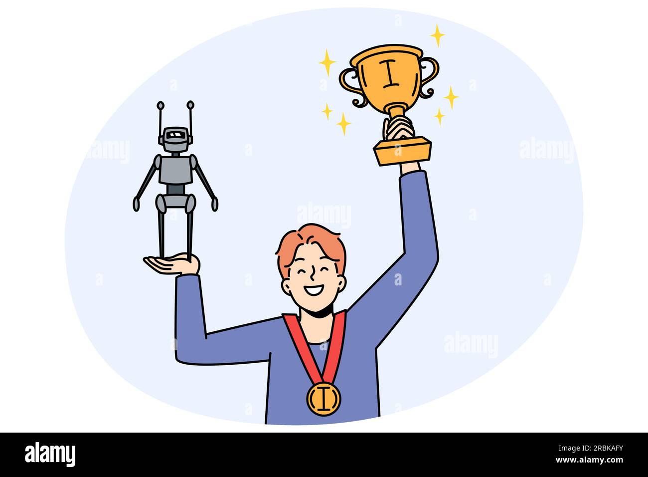 Happy boy child holding robot in hands win prize for best scientific ...