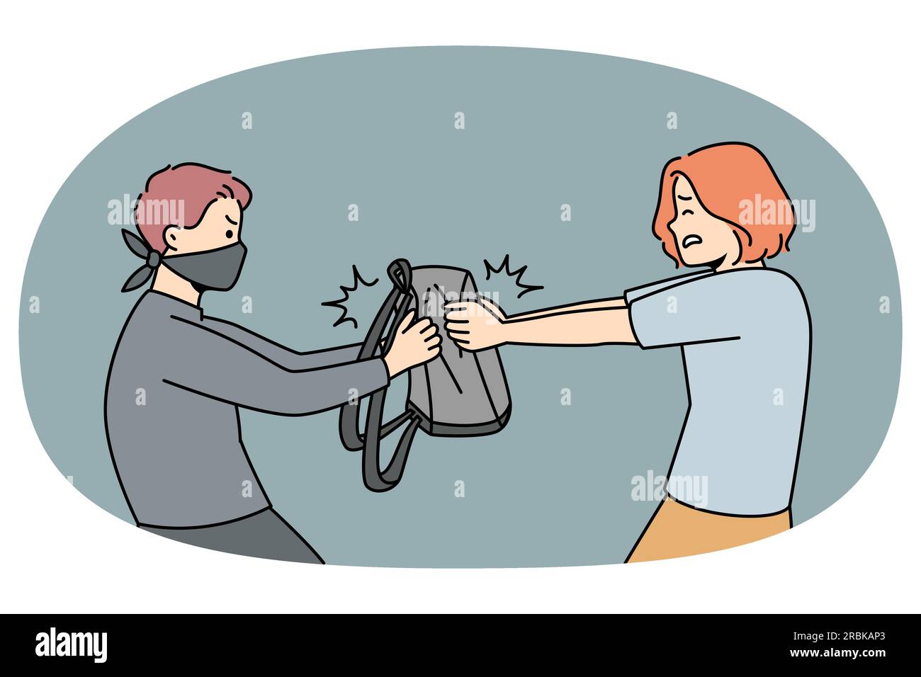 Thief in mask stealing bag from woman on street. Man criminal robbing ...