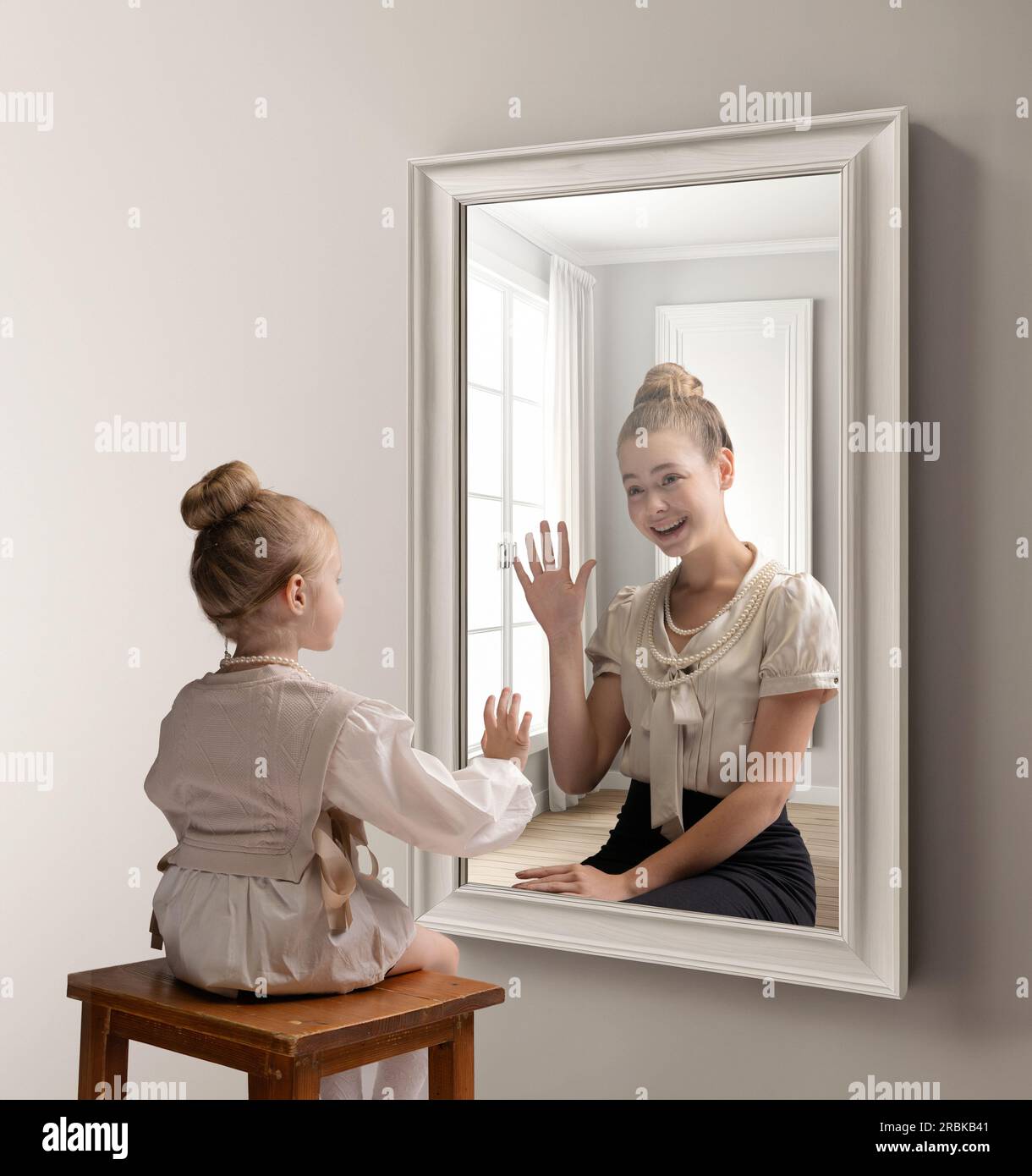 Creative conceptual collage. Little girl looking in mirror and seeing ... Creative conceptual collage. Little girl looking in mirror and seeing ...