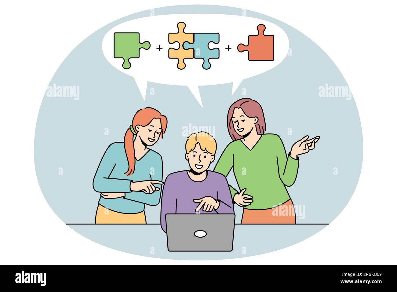 Diverse people working on computer together solving business problem ...