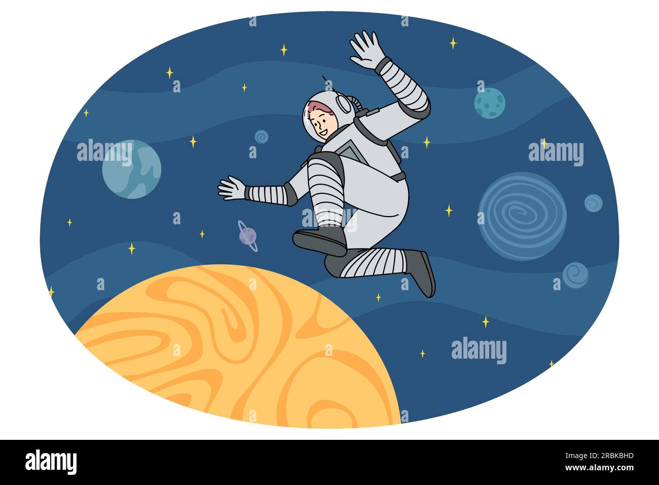 Astronaut walking in open universe. Cosmonaut in spacesuit among ...