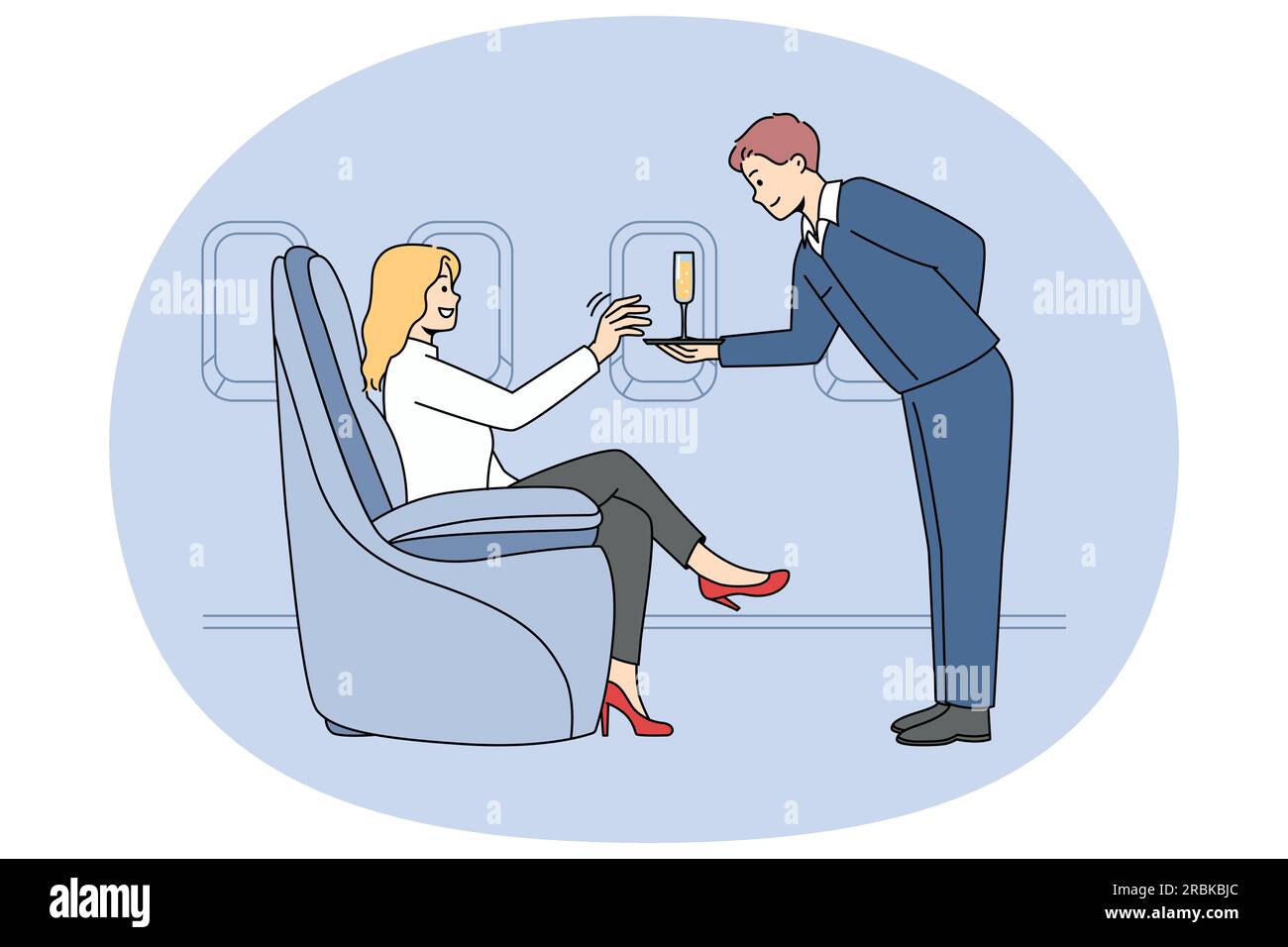 Woman get exceptional service in business class in plane. Rich female ...