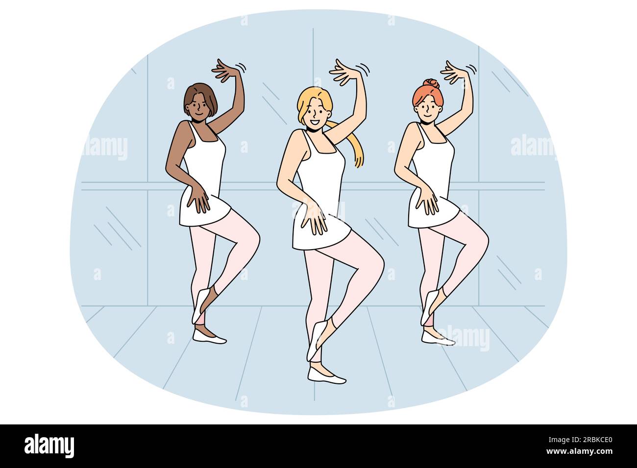 Girls in ballet dresses rehearse together indoors. Diverse ballerinas dancing performing on ...