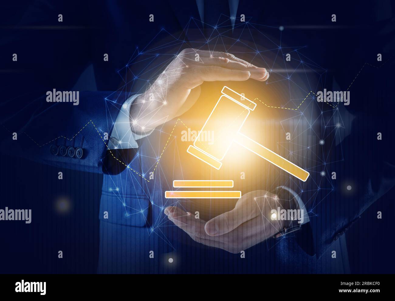 Auction. Man holding glowing illustration of sound block and gavel ...