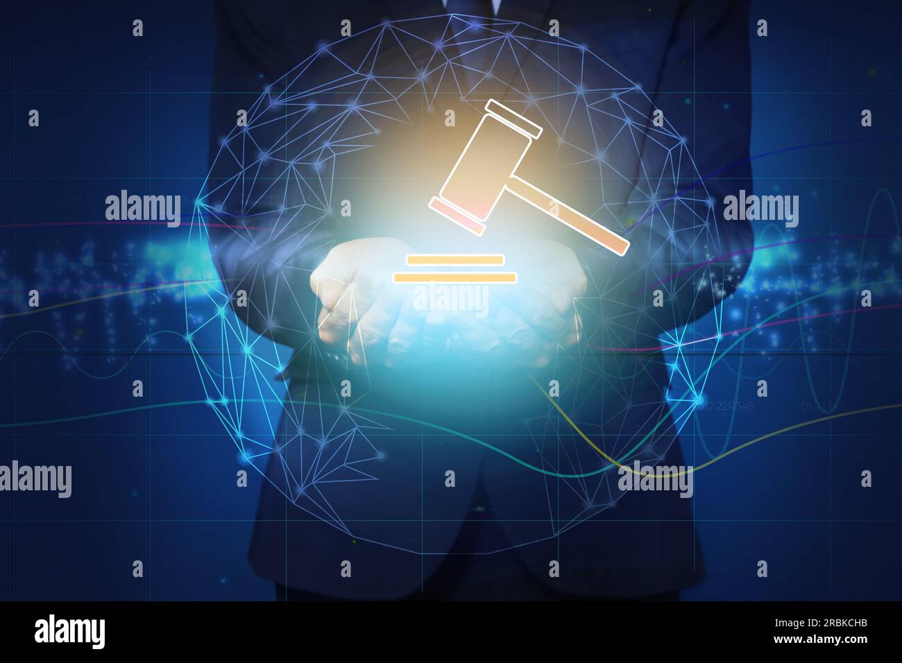 Auction. Man holding glowing illustration of sound block and gavel ...