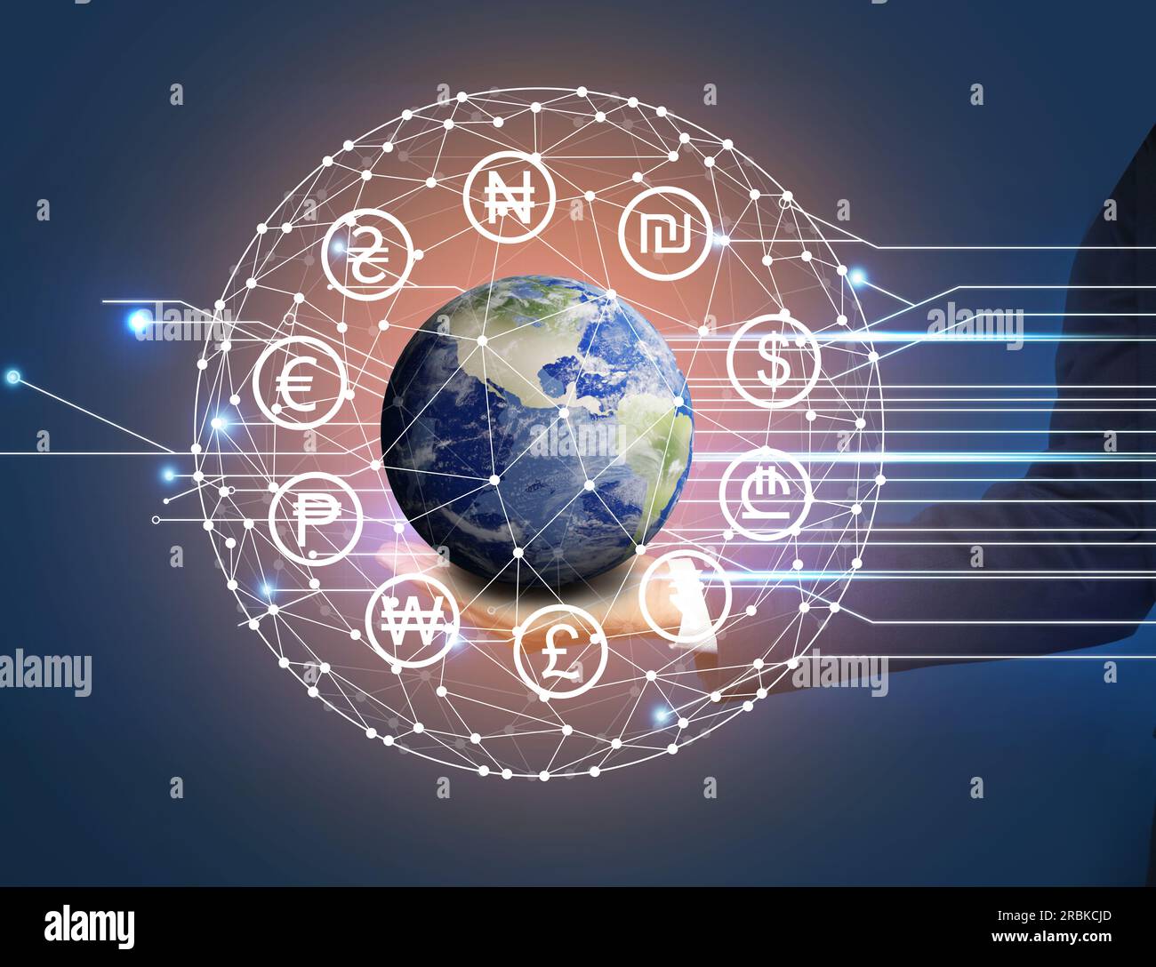 Money exchange. Man holding planet surrounded by different currency ...