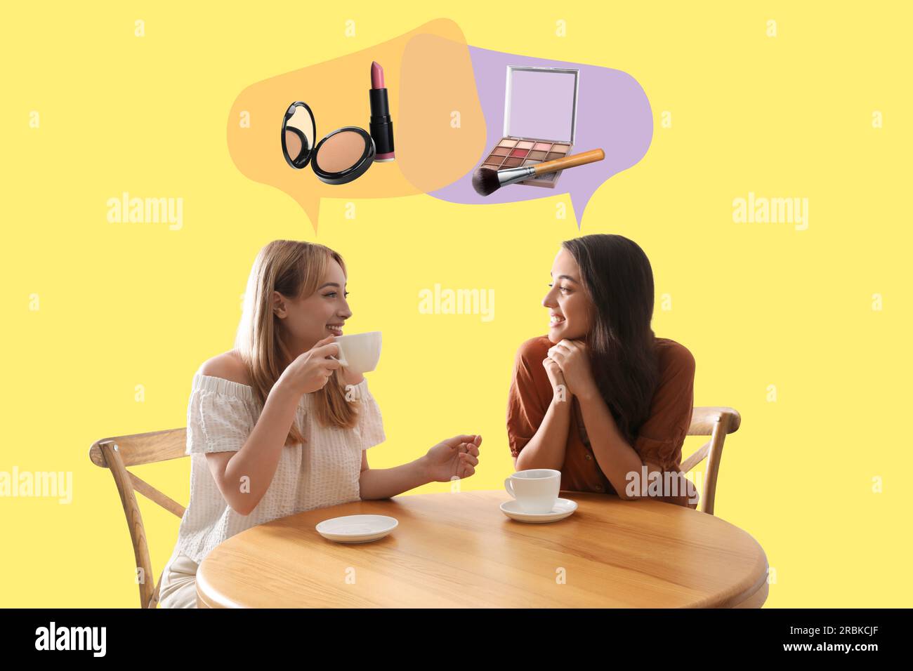 Young women talking about makeup at table on yellow background ...