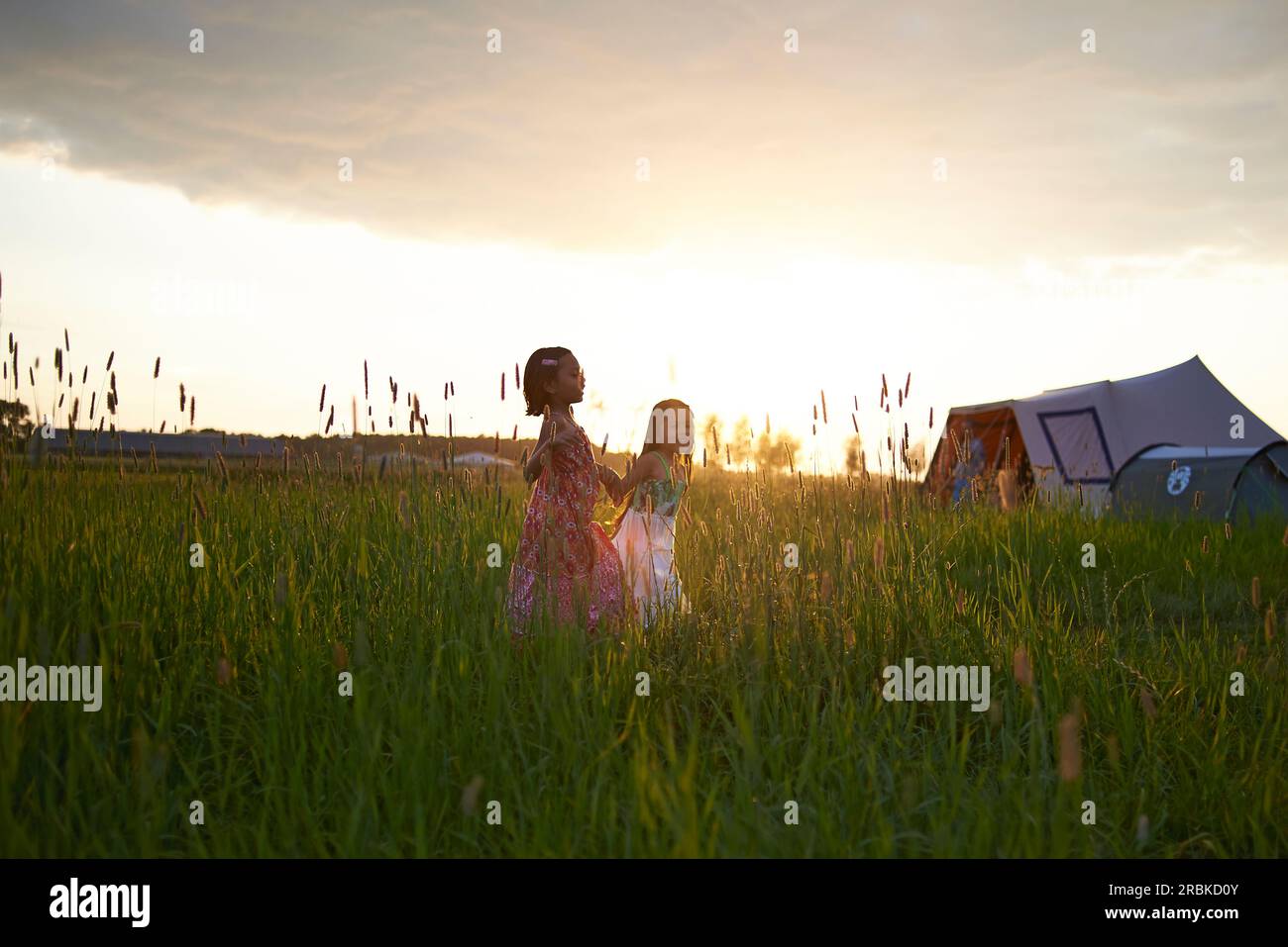 Two young girls happily running hand in hand in a field of high grass ...