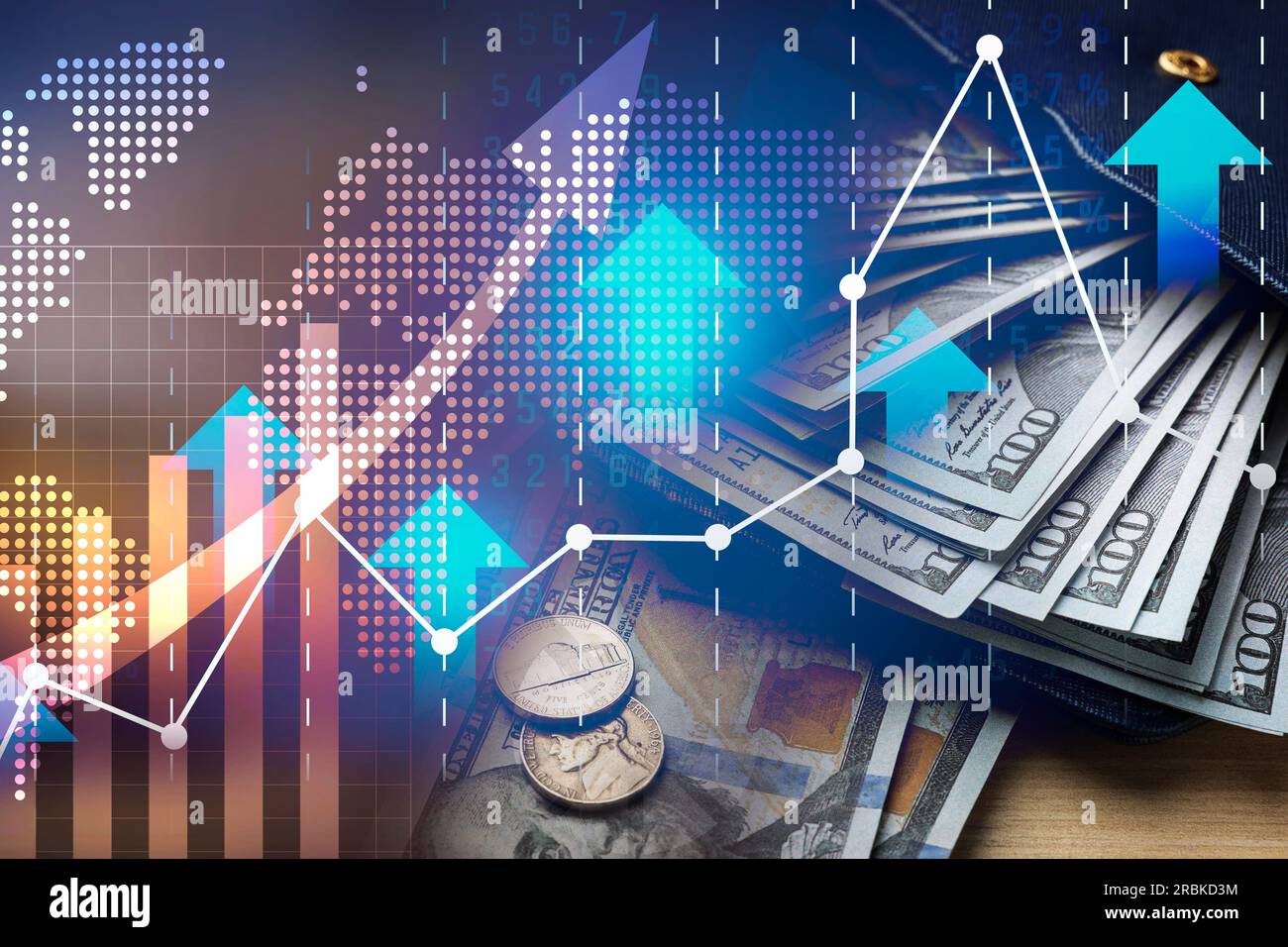 Money exchange. Multiple exposure with dollar banknotes, coins, digital ...