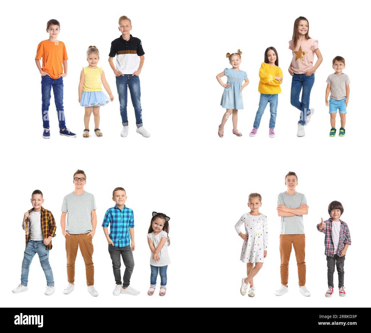 Collage with different groups of cheerful children on white background ...