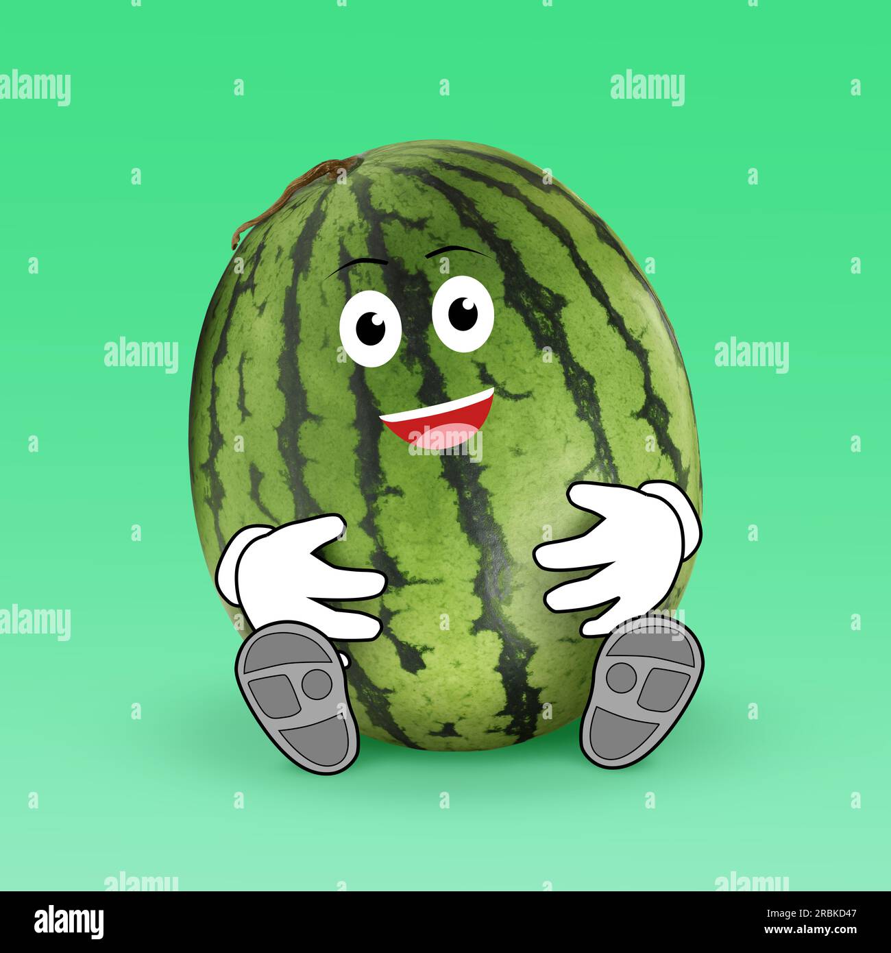 Creative artwork. Happy watermelon sitting on green background. Whole ...