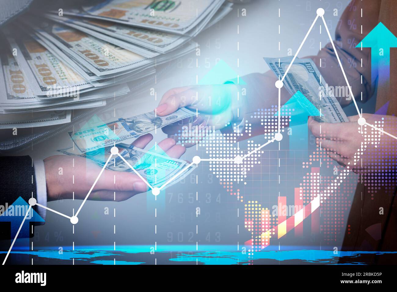 Money exchange. Multiple exposure with dollar banknotes, digital world ...
