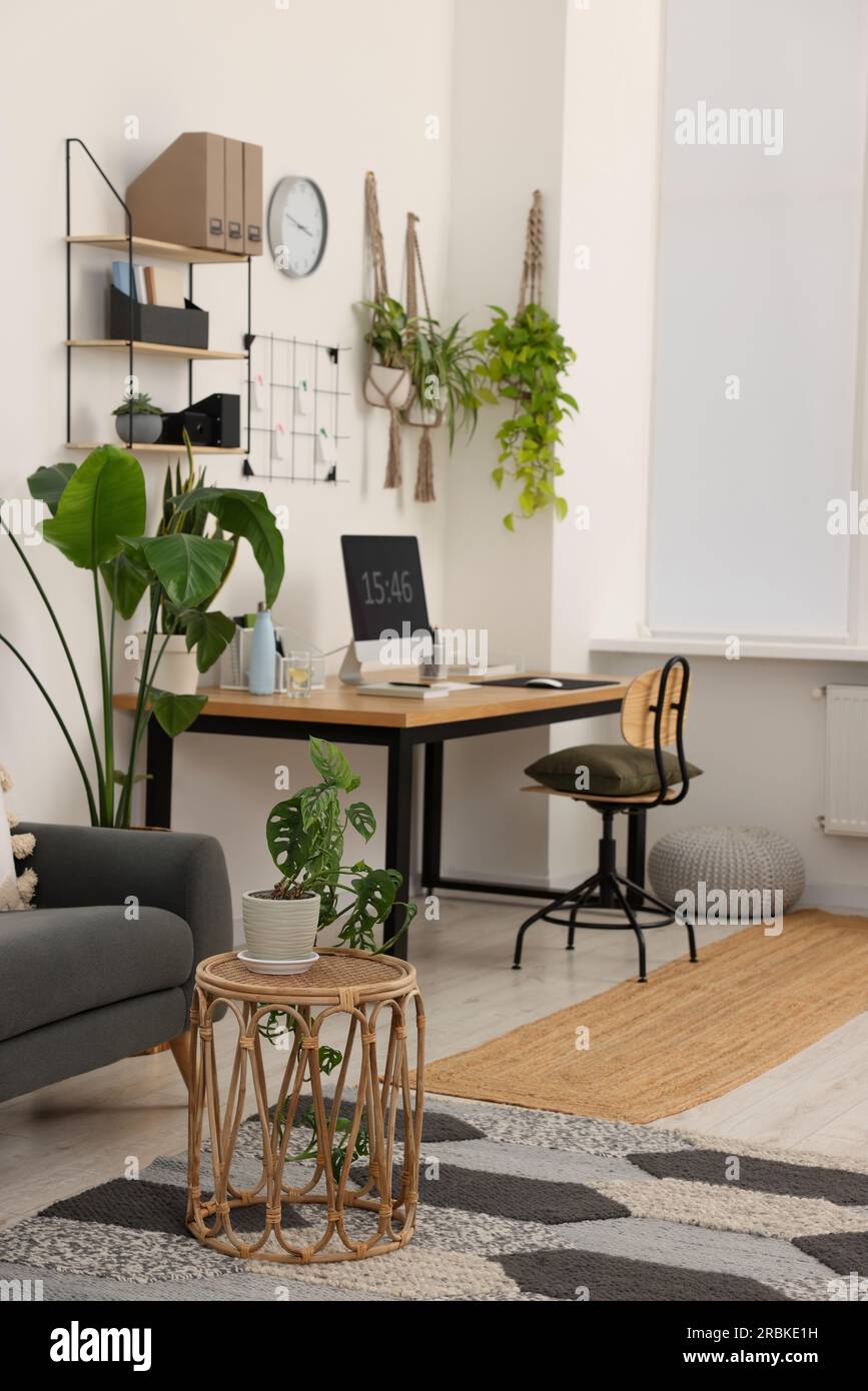 Cozy workplace with computer, modern furniture and houseplants at home ...
