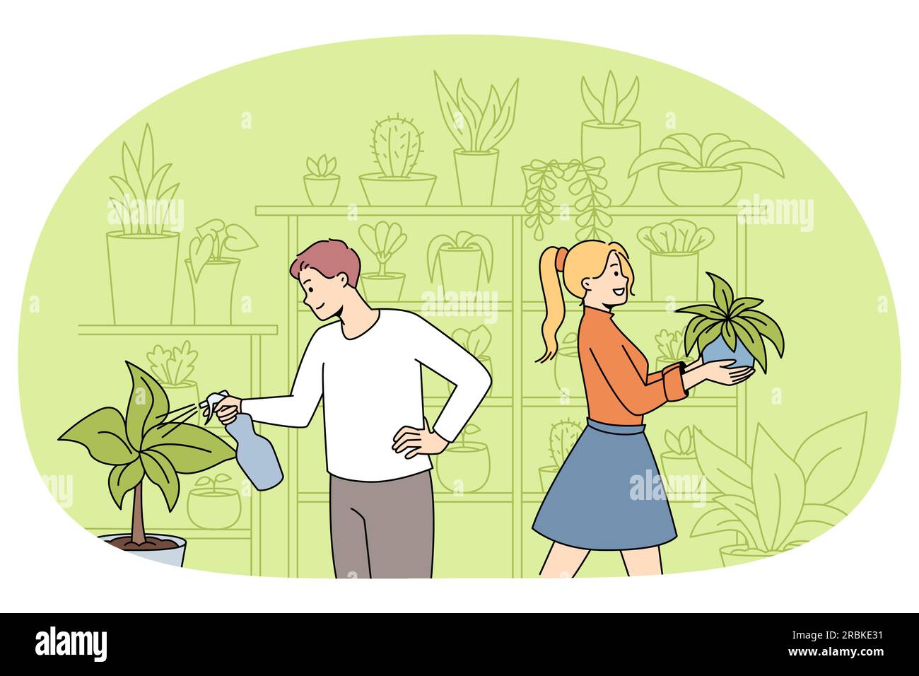 Happy couple take care of house plants. Man and woman plant and water ...