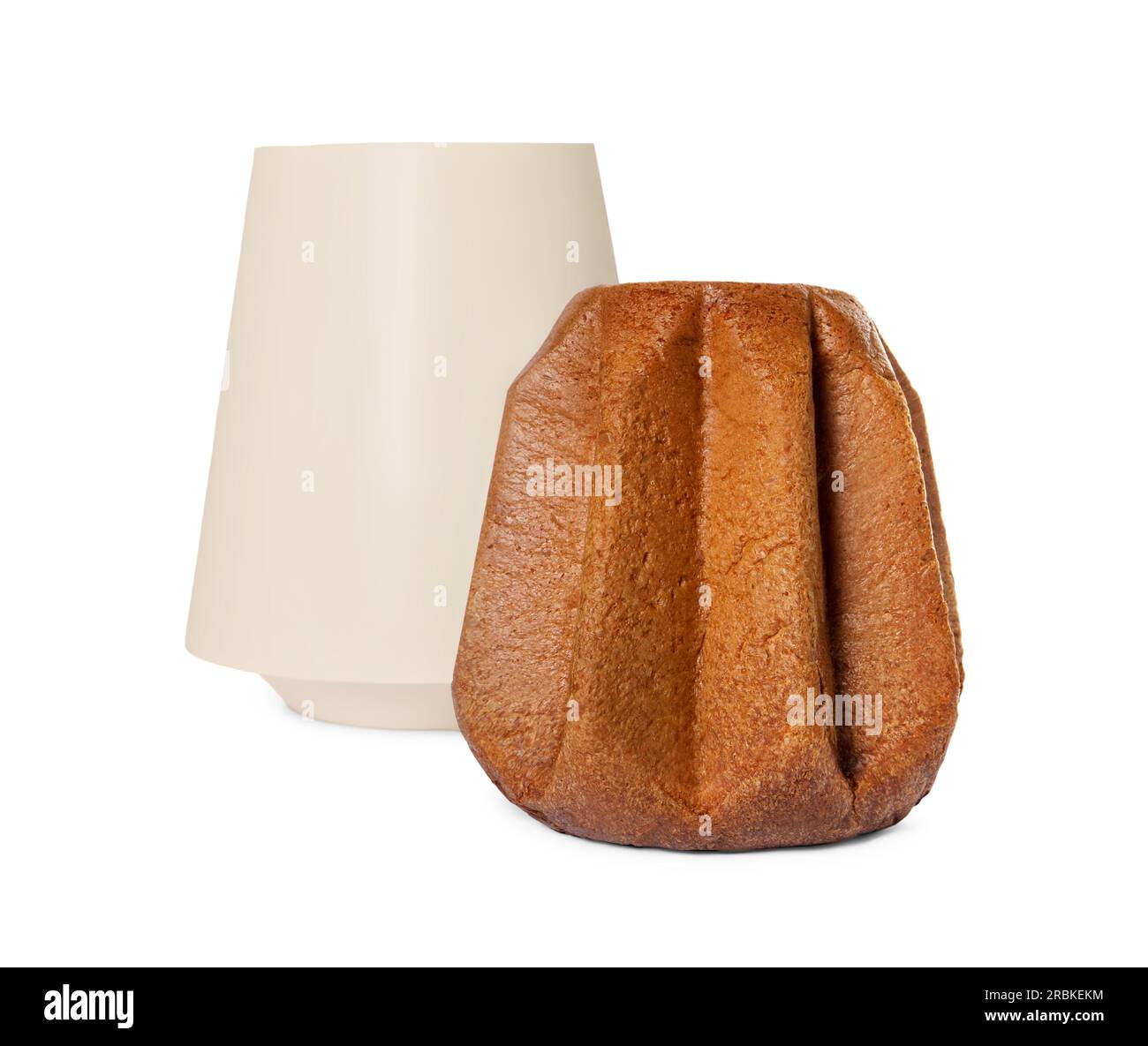 Delicious Pandoro cake and box on white background. Traditional Italian ...