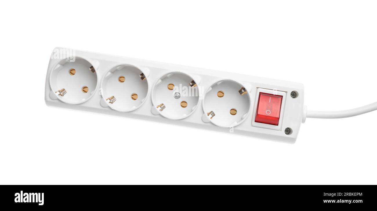 Power strip on white background, top view. Electrician's equipment ...