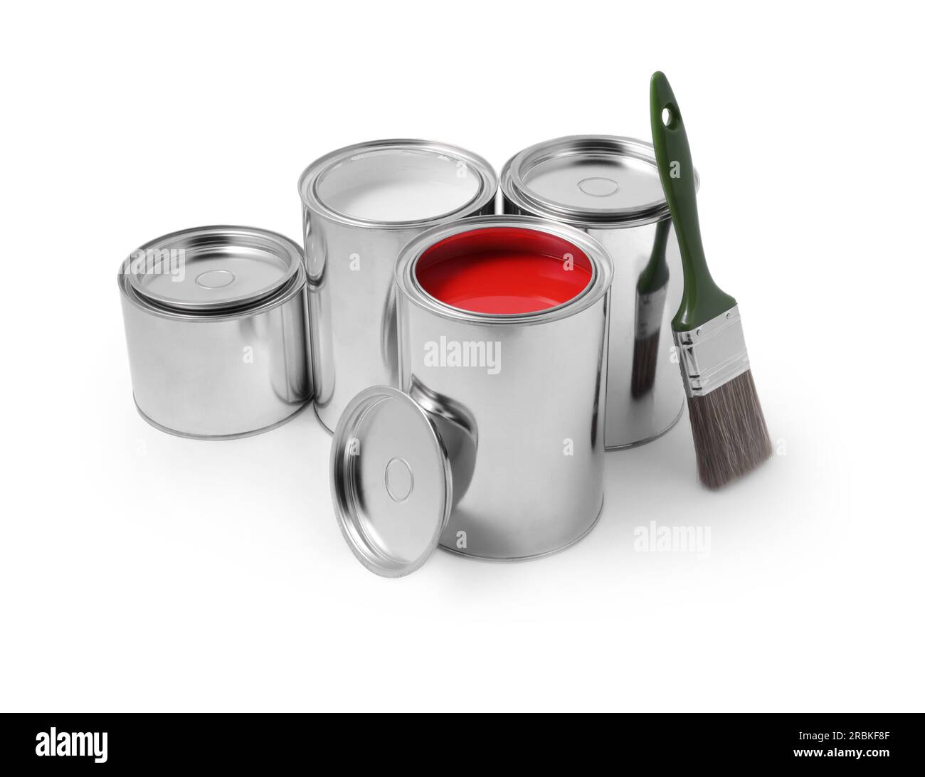 Cans of color paints and brush on white background Stock Photo - Alamy