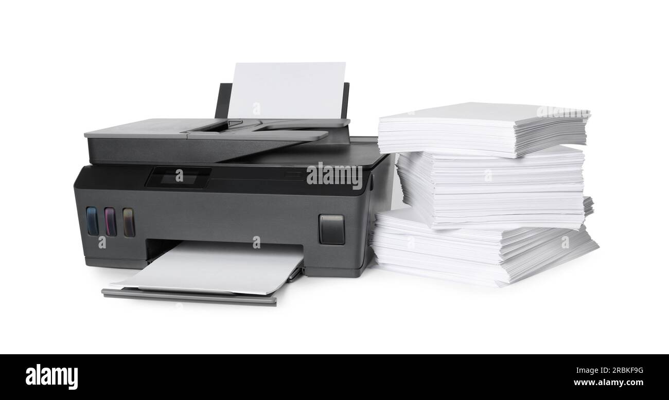 Modern printer and stack of paper on white background Stock Photo - Alamy