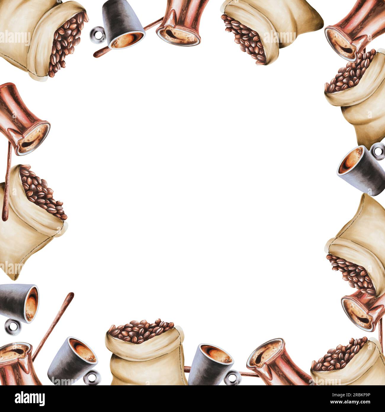 Watercolor frame with coffee making tools. Latte, espresso, americano ...