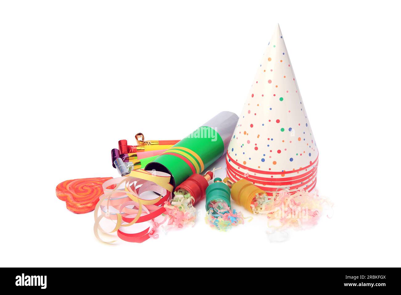 Party crackers and different festive items on white background Stock ...