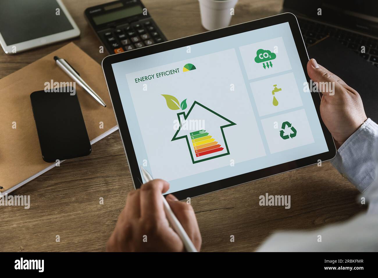 Energy Efficiency Mobile App On Screen Man Saving Energy Diagram Cost Economy Calculator Money