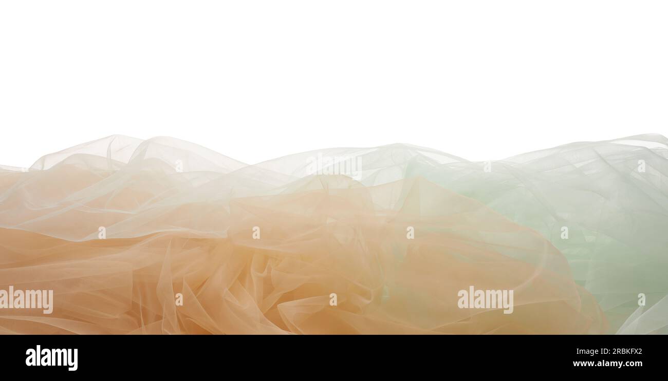 Beautiful colorful tulle fabrics on white background. Space for text ...