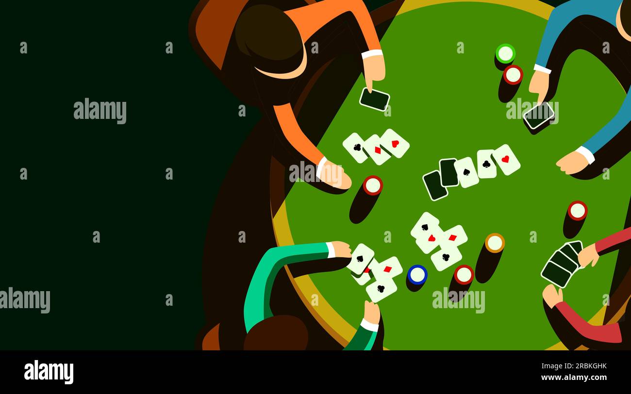 Group of people play poker at a round table in a dark room. Concept of ...