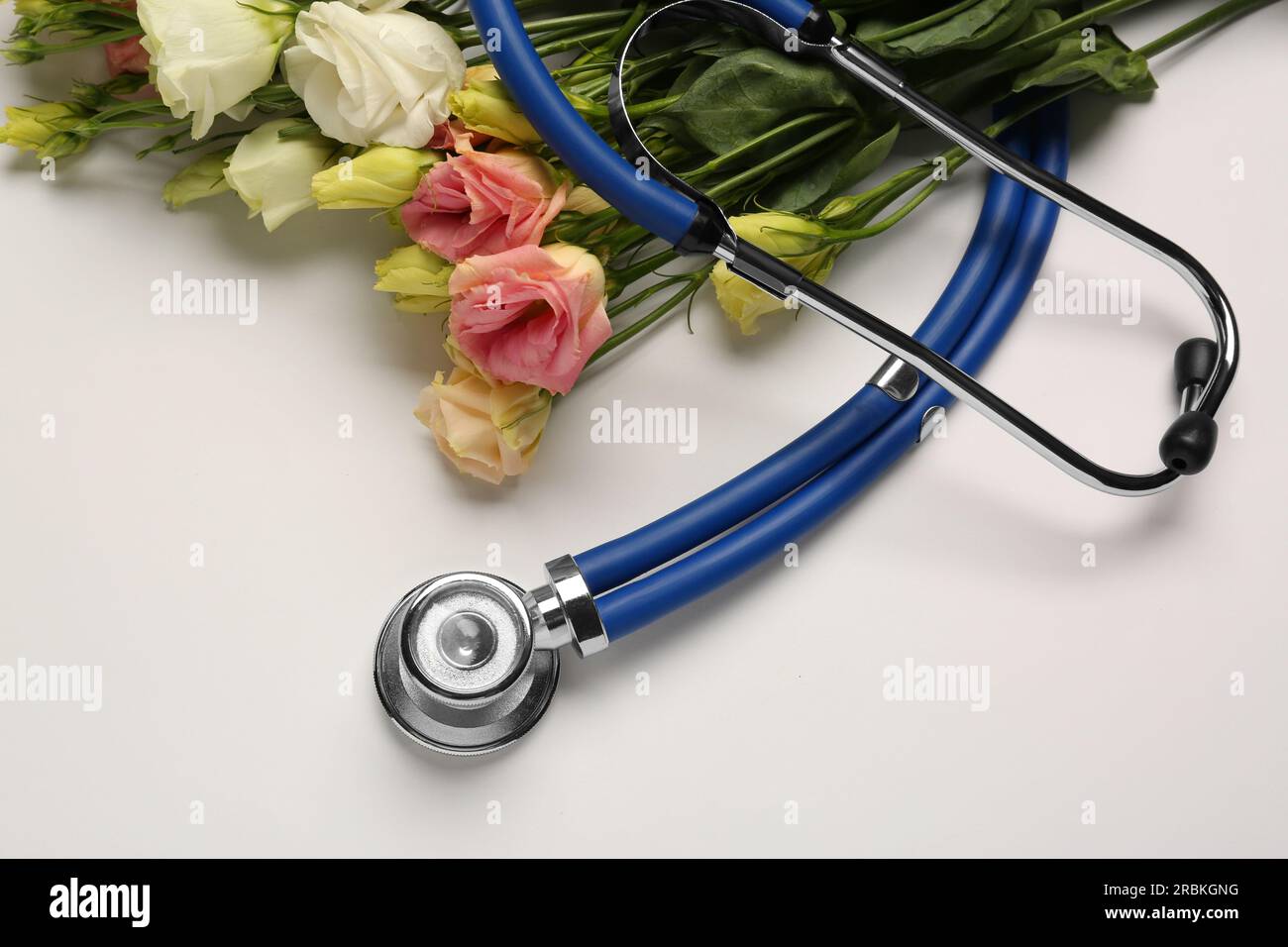 Stethoscope and flowers on white background. Happy Doctor's Day Stock ...