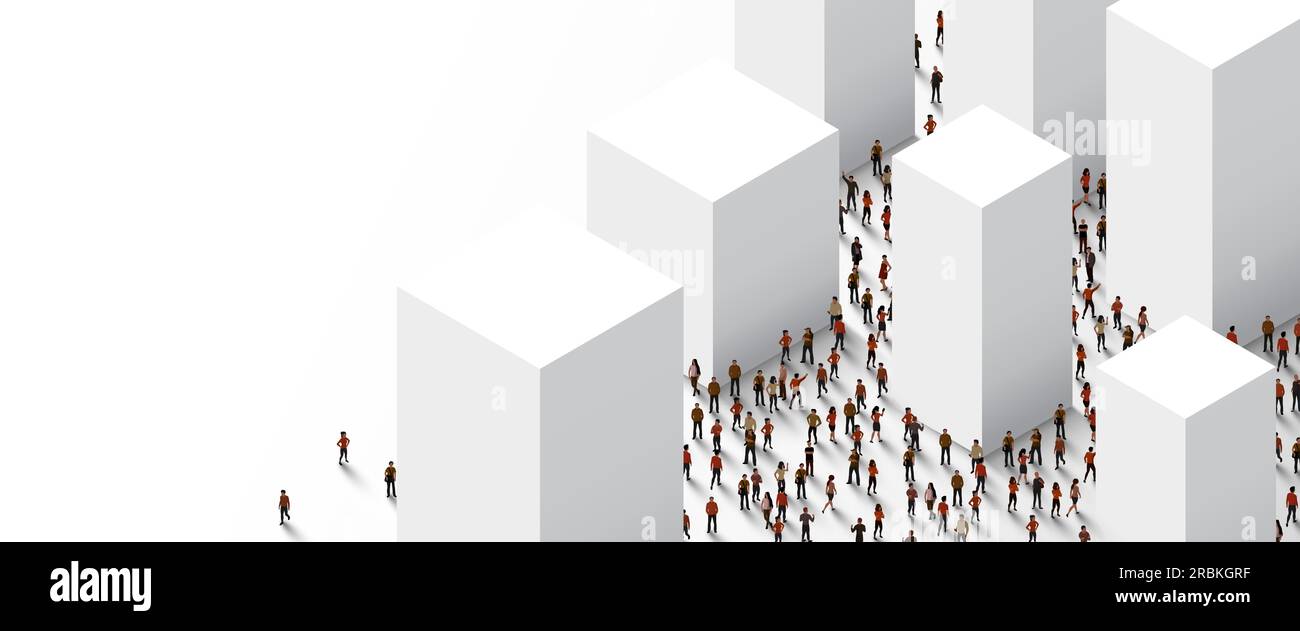 Large group of people is standing in a minimalistic city. Population ...