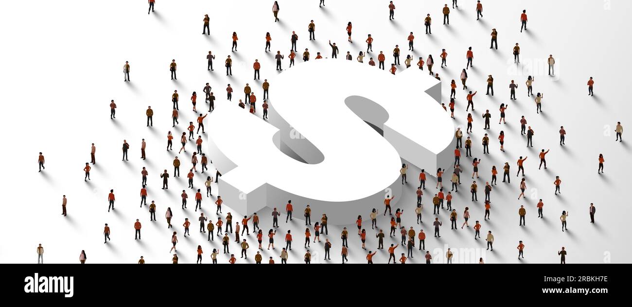 Large group of people standing around big coin. People crowd. Business ...