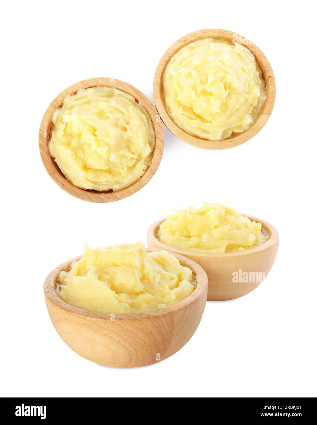 Collage with mashed potato in bowls on white background, top and side ...