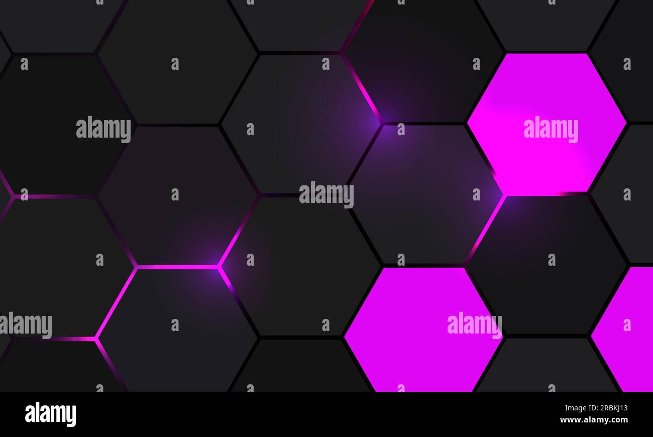 Purple and dark gray hexagonal technology abstract vector background. Violet bright flashes ...