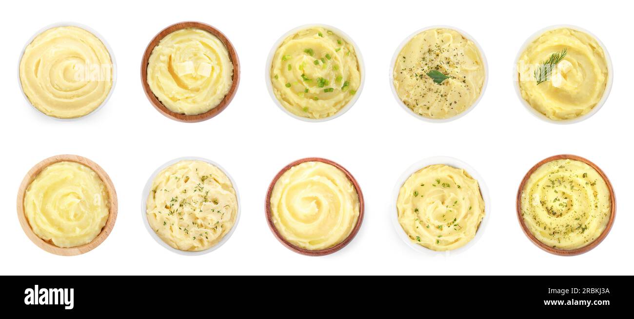 Tasty mashed potato in bowls on white background, top view. Collage ...