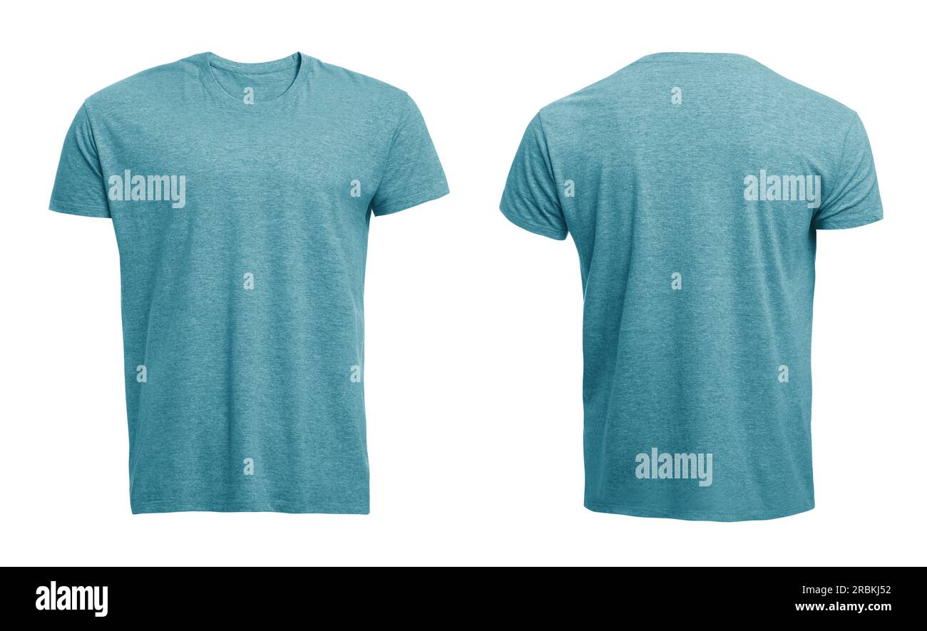 Front and back views of light blue men's t-shirt on white background ...